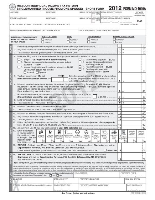 MO-1040A Individual Income Tax Return Single/Married - Missouri ...