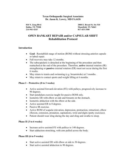 open bankart repair and /or capsular shift rehabilitation protocol