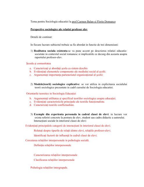Tema pentru Sociologia educatiei la prof Carmen Balan si Florin ...