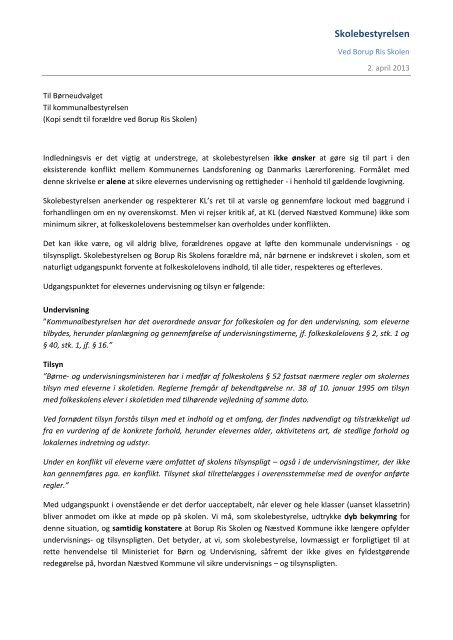 Bilag til punkt 10 - Skolebestyrelsen ved Borup Ris Skolen - Brev