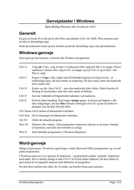 Genvejstaster i Windows Generelt Windows-genveje Word-genveje