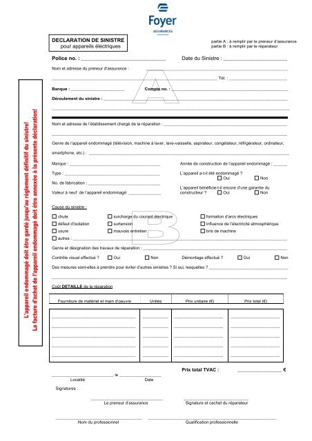 DECLARATION DE SINISTRE pour appareils ... - Assurances Foyer