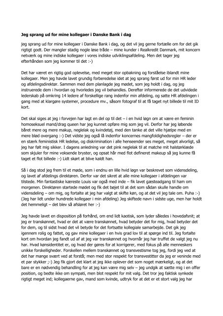 Jeg sprang ud for mine kollegaer i Danske Bank i dag ... - Transperson