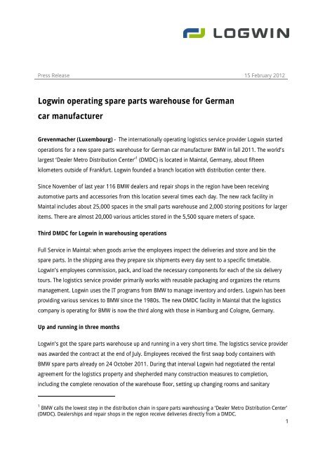 Logwin operating spare parts warehouse for German car manufacturer