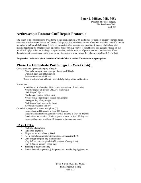 Arthroscopic Rotator Cuff Repair Protocol: Phase I ... - Dr. Peter Millett
