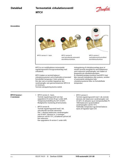 Datablad Termostatisk cirkulationsventil MTCV - Danfoss Varme