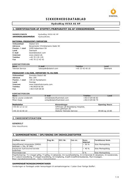 SIKKERHEDSDATABLAD - Statoil Fuel & Retail