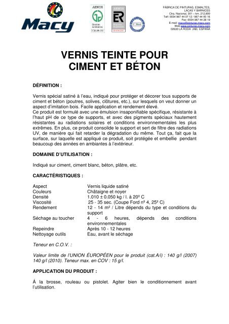 VERNIS TEINTE POUR CIMENT ET BÉTON - Pinturas Macy