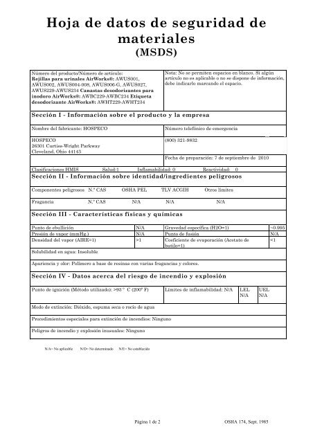 Hoja de datos de seguridad de materiales (MSDS) - Hospeco
