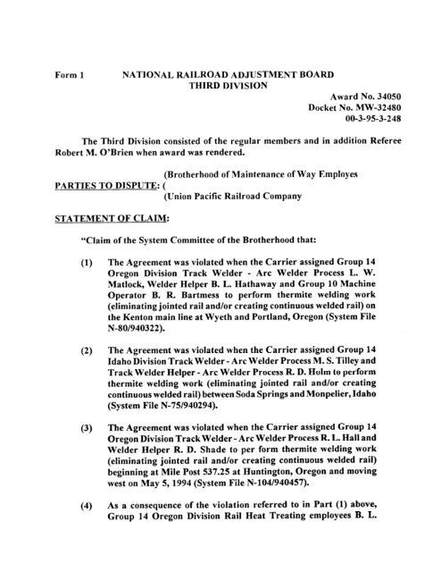 Form 1 NATIONAL RAILROAD ADJUSTMENT BOARD ... - Member