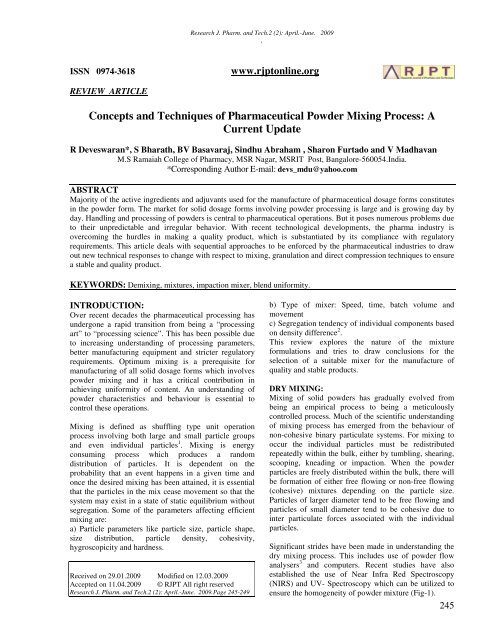 Concepts and Techniques of Pharmaceutical Powder Mixing Process