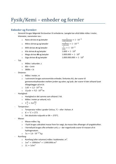Fysik/Kemi – enheder og formler - AKFoverbygning