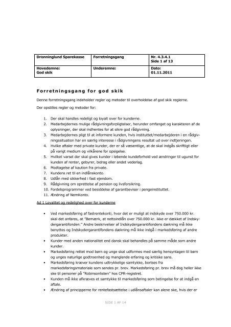 Forretningsgang for god skik - Dronninglund Sparekasse