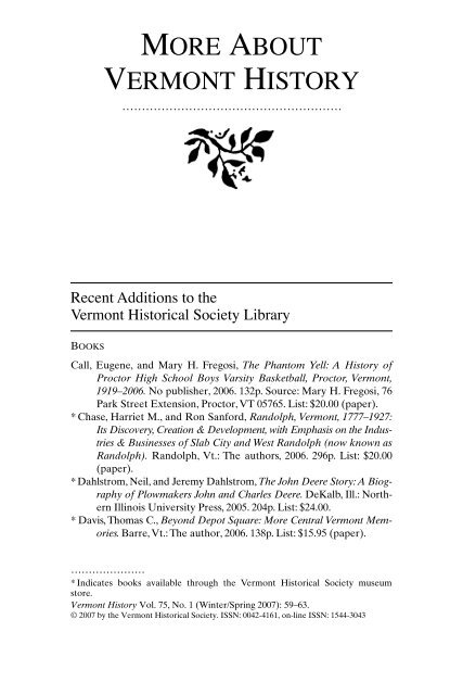 MORE ABOUT VERMONT HISTORY - Vermont Historical Society