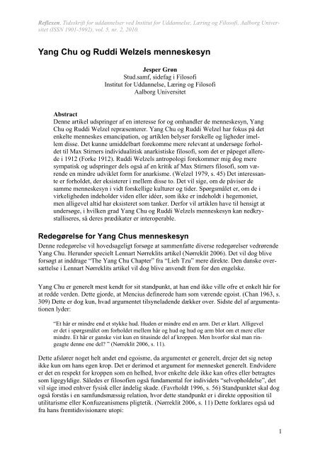 Yang Chu og Ruddi Welzels menneskesyn - Reflexen - Aalborg ...
