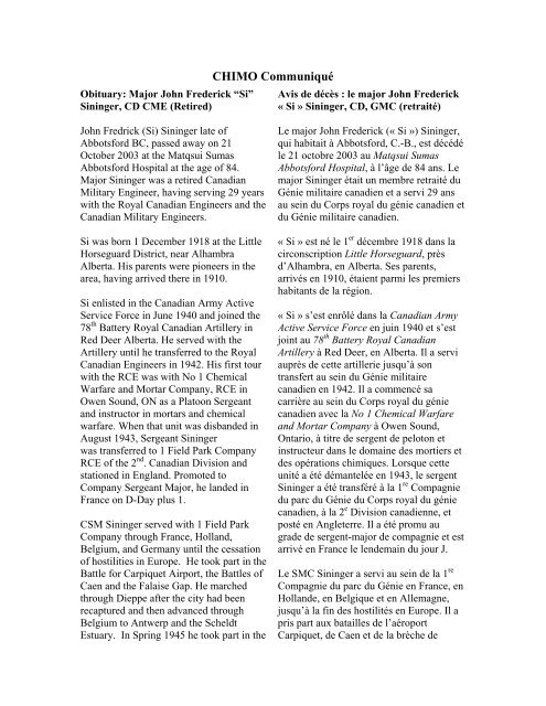 CHIMO Communiqué - Canadian Military Engineers Association