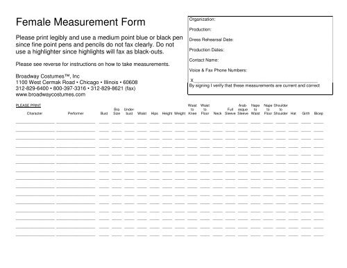 Female Measurement Form - Broadway Costumes