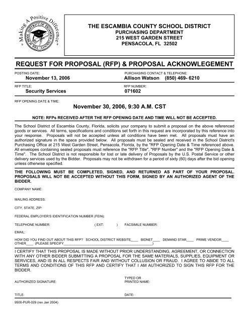 (rfp) & proposal acknowlegement - the Escambia County School ...