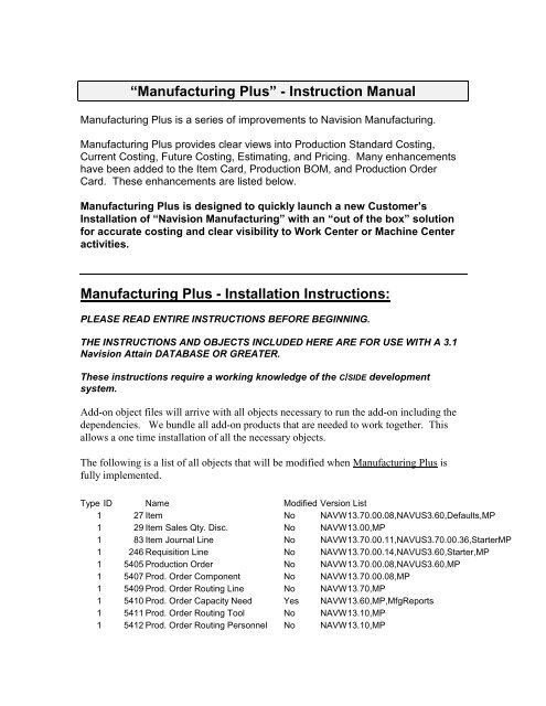 ?Manufacturing Plus? - Instruction Manual - Cost Control Software