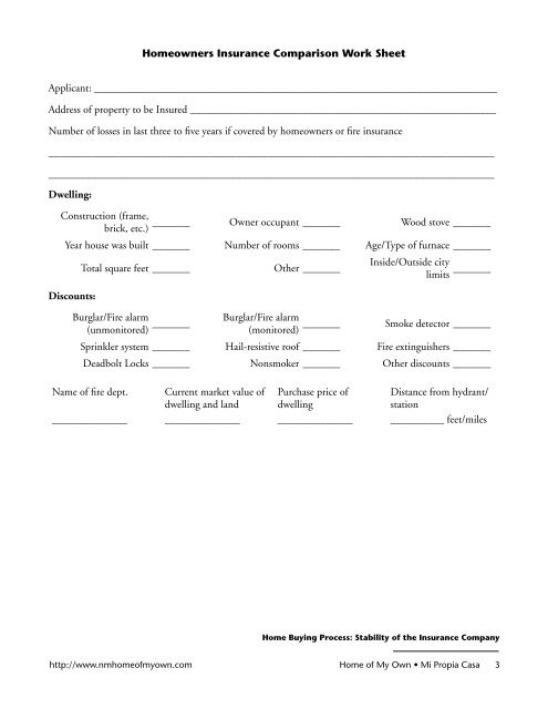 Homeowners Insurance Comparison Work Sheet ... - Home of My Own