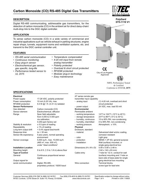 Carbon Monoxide (CO) RS-485 Digital Gas ... - INTEC Controls