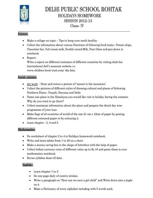 Holiday Homework - Delhi Public School Rohtak Holiday Homework - Delhi Public School Rohtak