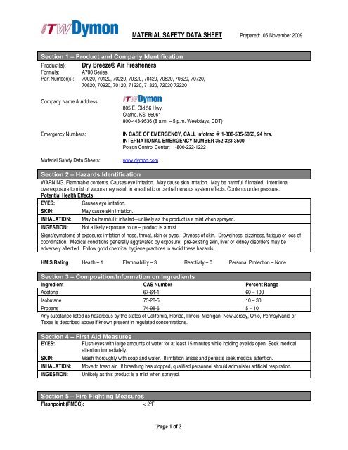 MATERIAL SAFETY DATA SHEET Dry Breeze® Air ... - ITW Dymon