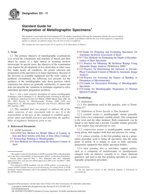 Standard Guide for Preparation of Metallographic Specimens
