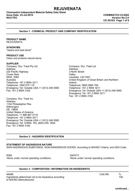 Rejuvenata MSDS (AUS) - Dry Treat