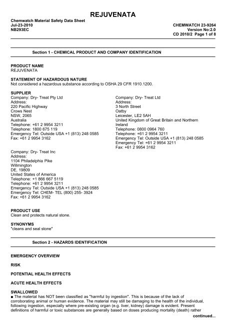 Rejuvenata MSDS (USA) - Dry Treat