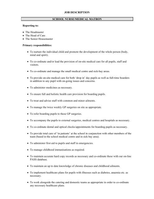Job Description School Nurse All Hallows School Extranet job-description-school-nurse-all-hallows-school-extranet