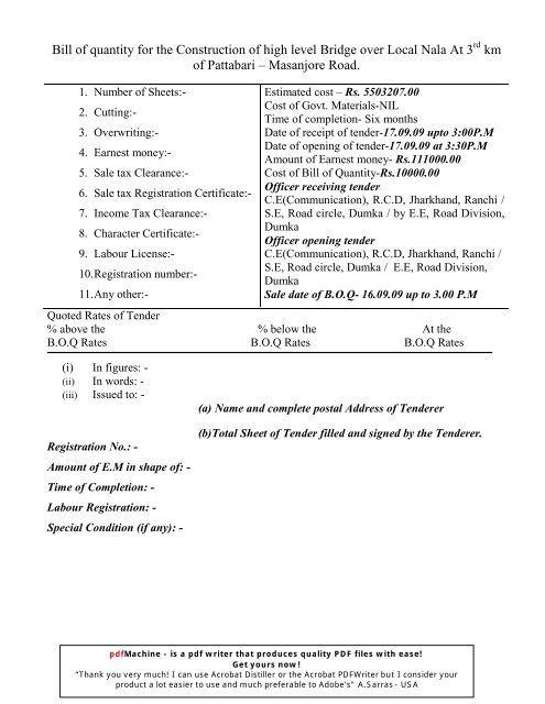 Bill of quantity for the Construction of high level Bridge over Local ...