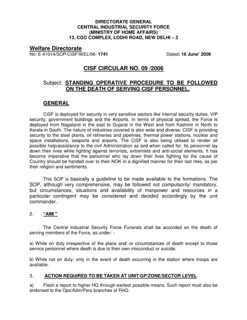 Cisf circular no. 09 /2006 - Central Industrial Security Force