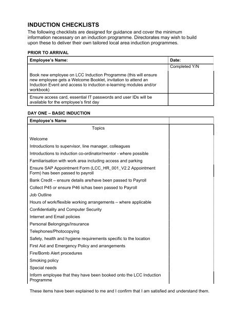 INDUCTION CHECKLISTS The