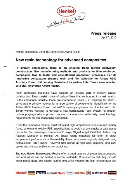 Press release New resin technology for advanced ... - Henkel