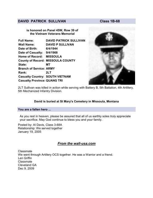 DAVID PATRICK SULLIVAN Class 1B-68 - Field Artillery OCS ...