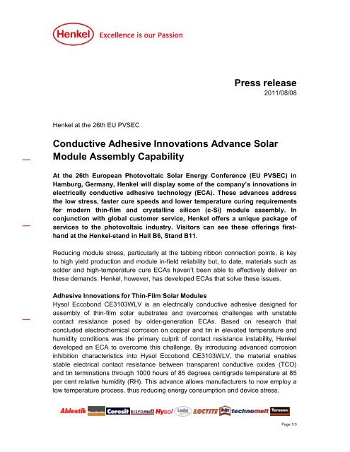 Conductive Adhesive Innovations Advance Solar Module ... - Henkel