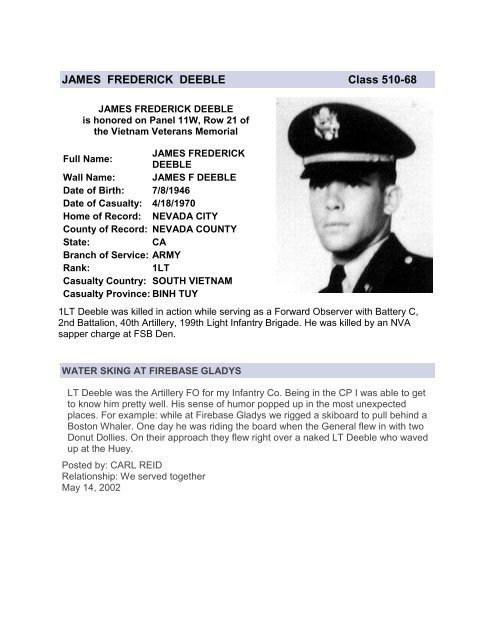 JAMES FREDERICK DEEBLE Class 510-68 - Field Artillery OCS ...