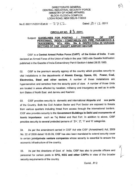 Guidelines for Posting/Transfer of CISF personnel(NGOs-CT(GD ...