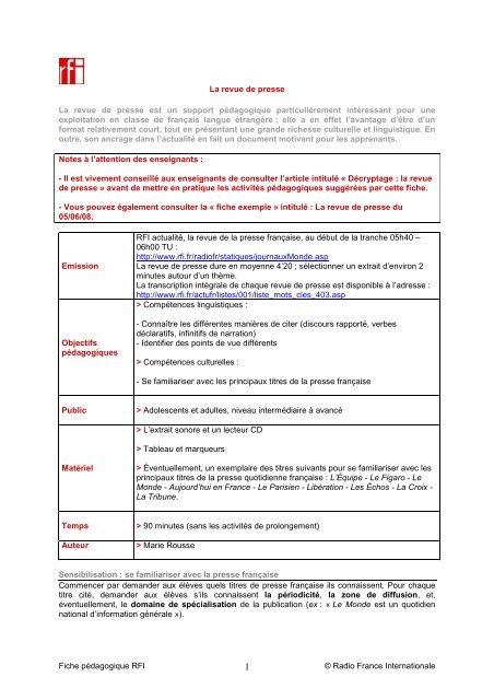 Fiche pédagogique RFI © Radio France Internationale La revue de ...