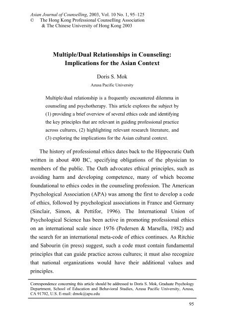 Multiple/Dual Relationships In Counseling - The Chinese University ...