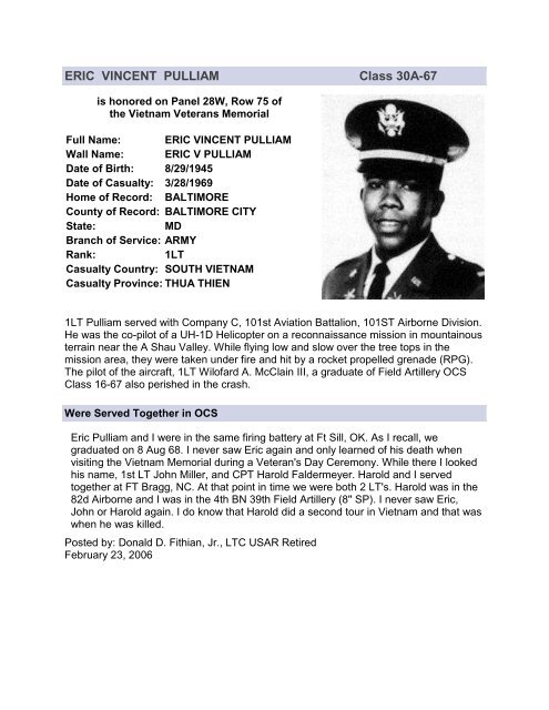 ERIC VINCENT PULLIAM Class 30A-67 - Field Artillery OCS Alumni ...