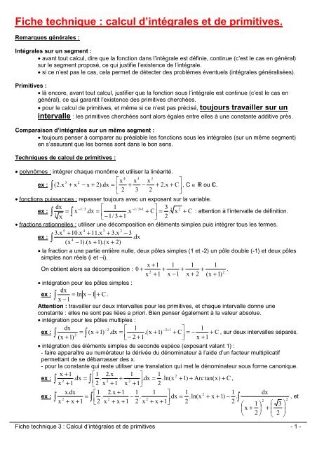 Fiche technique : calcul d'intégrales et de primitives. - CPGE Dupuy ...