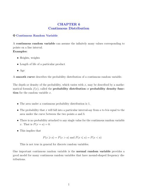 CHAPTER 6 Continuous Distribution