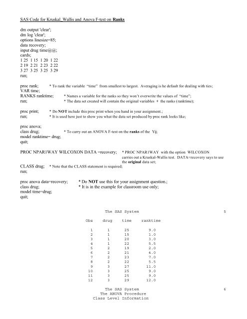 SAS Code for Kruskal_Wallis and Anova F-test on Ranks dm output ...