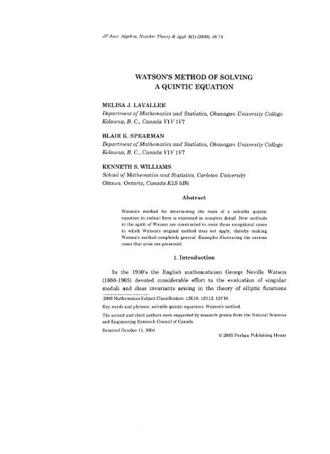 watson's method of solving a quintic equation - Mathematics and ...