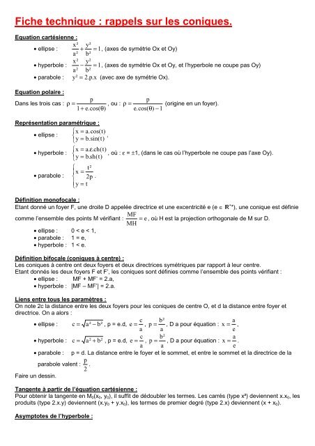 Exemples de représentation paramétrique de coniques