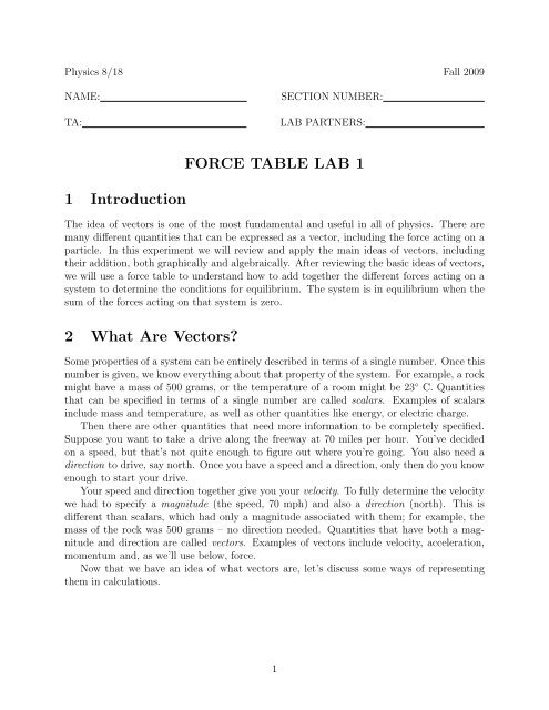 FORCE TABLE LAB 1 1 Introduction 2 What Are Vectors?