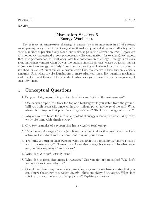 Physics Energy Worksheet 6 Conservation Of Energy Kinetic And