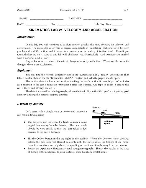 KINEMATICS LAB 2: VELOCITY AND ACCELERATION